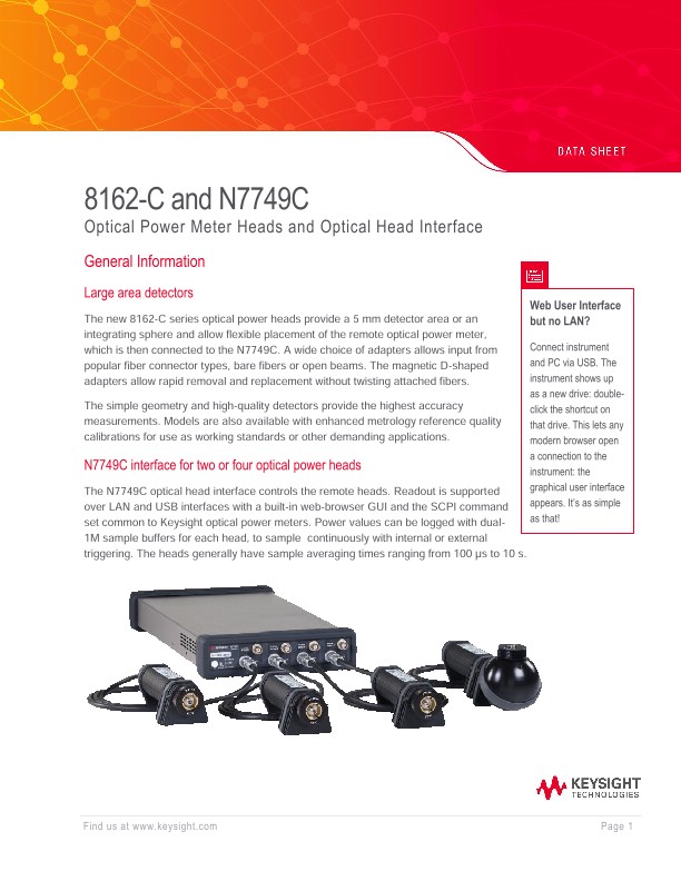 8162-C and N7749C Optical Power Meter Heads and Optical Head Interface PDF Asset Page | Keysight